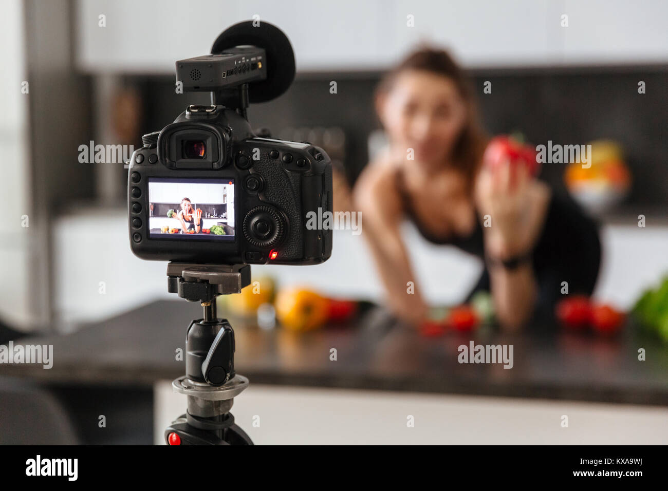 Close up of a camera recording healthy food tutorial indoors Stock ...