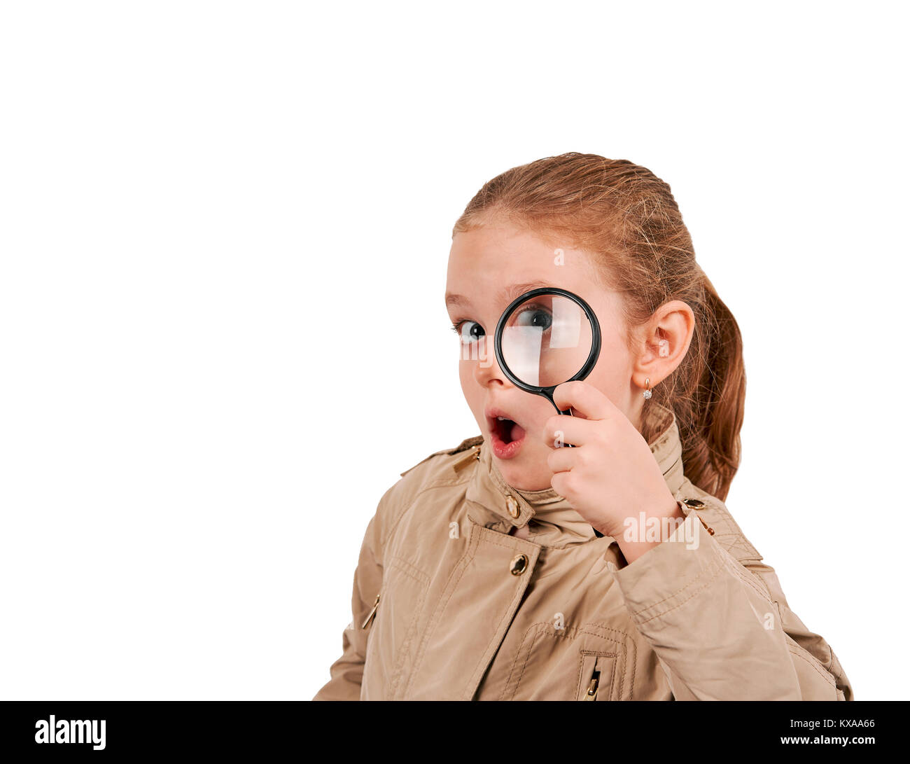 child in the form of a detective with magnifying glass on white ...