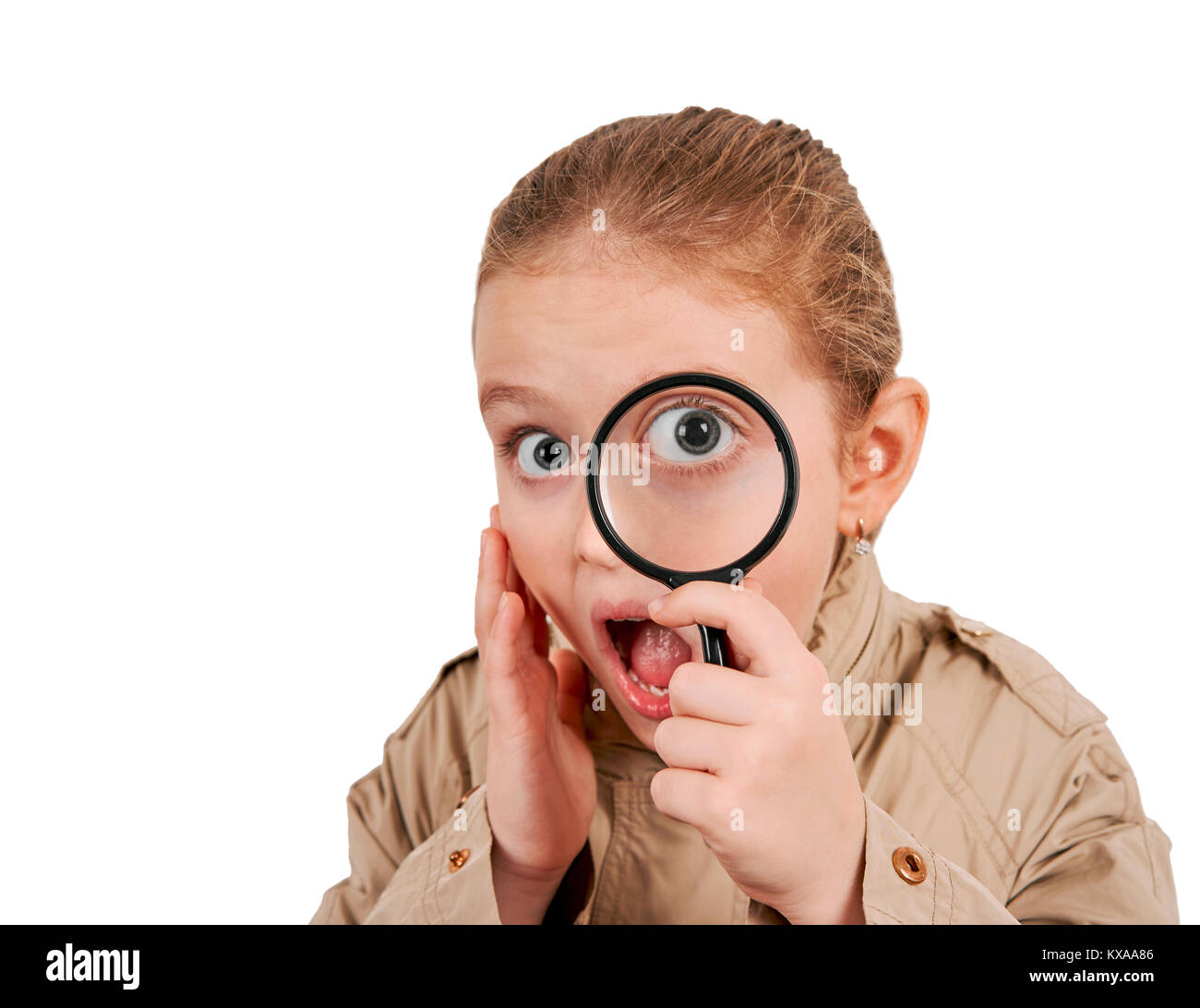 child in the form of a detective with magnifying glass on white ...