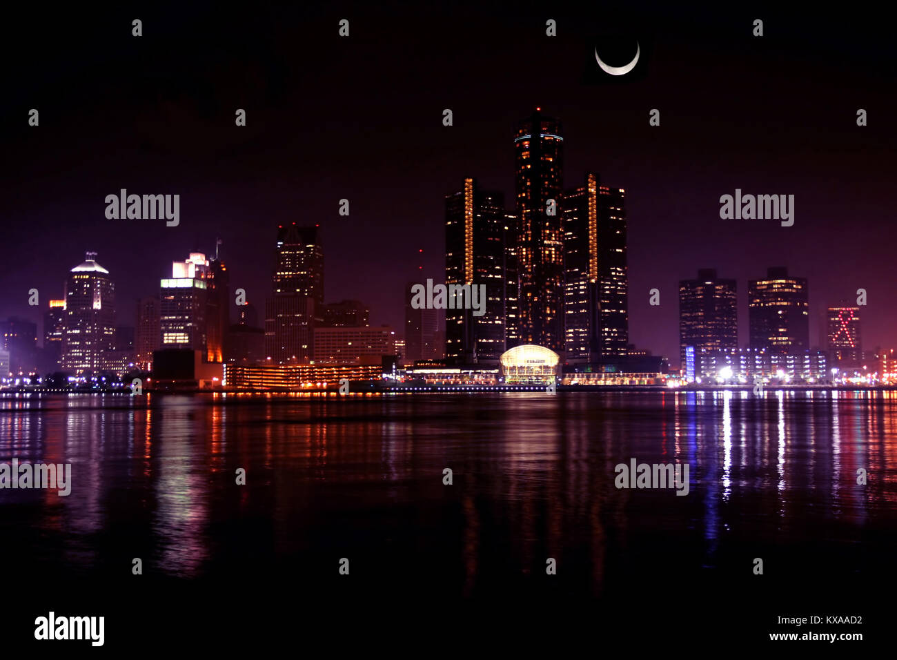 view of Detroit skyline at night and moon, Michigan Stock Photo - Alamy