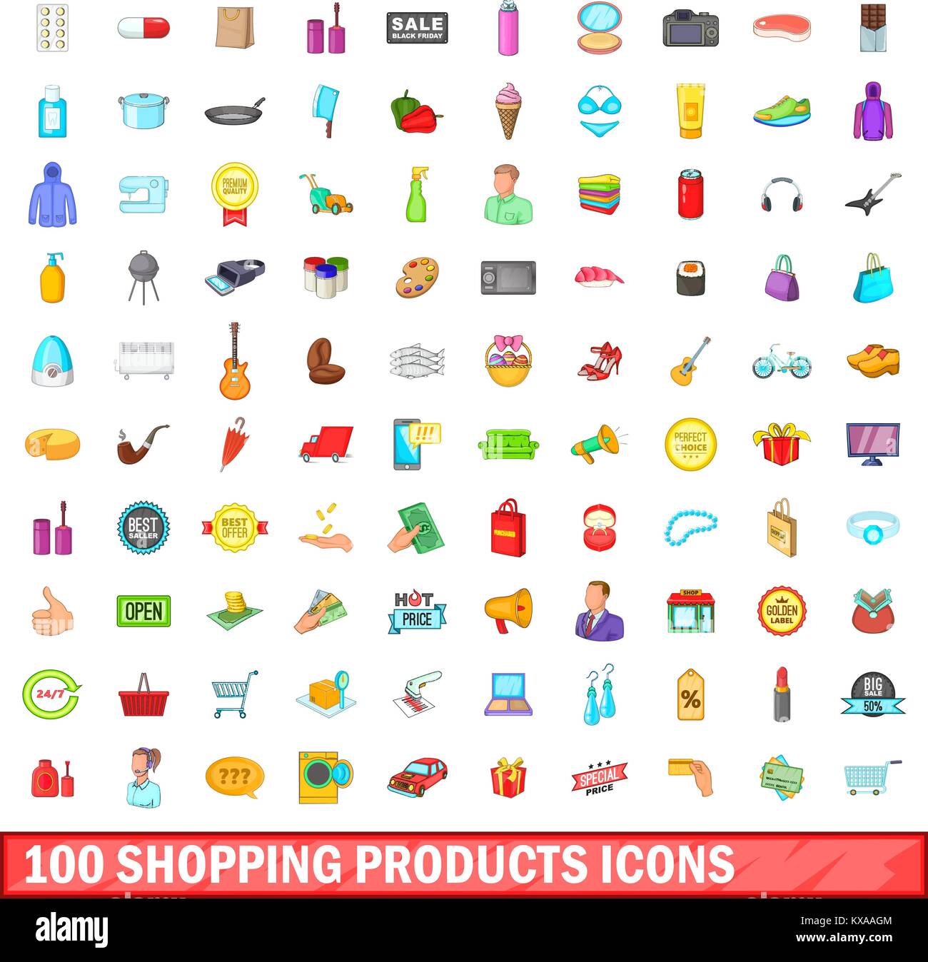 100 shopping products icons set, cartoon style Stock Vector Image & Art ...