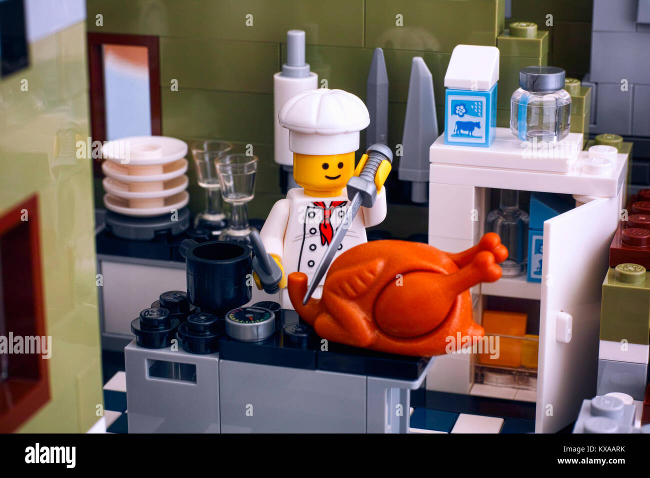 Tambov, Russian Federation - January 04, 2018 Lego chef cooking turkey ...