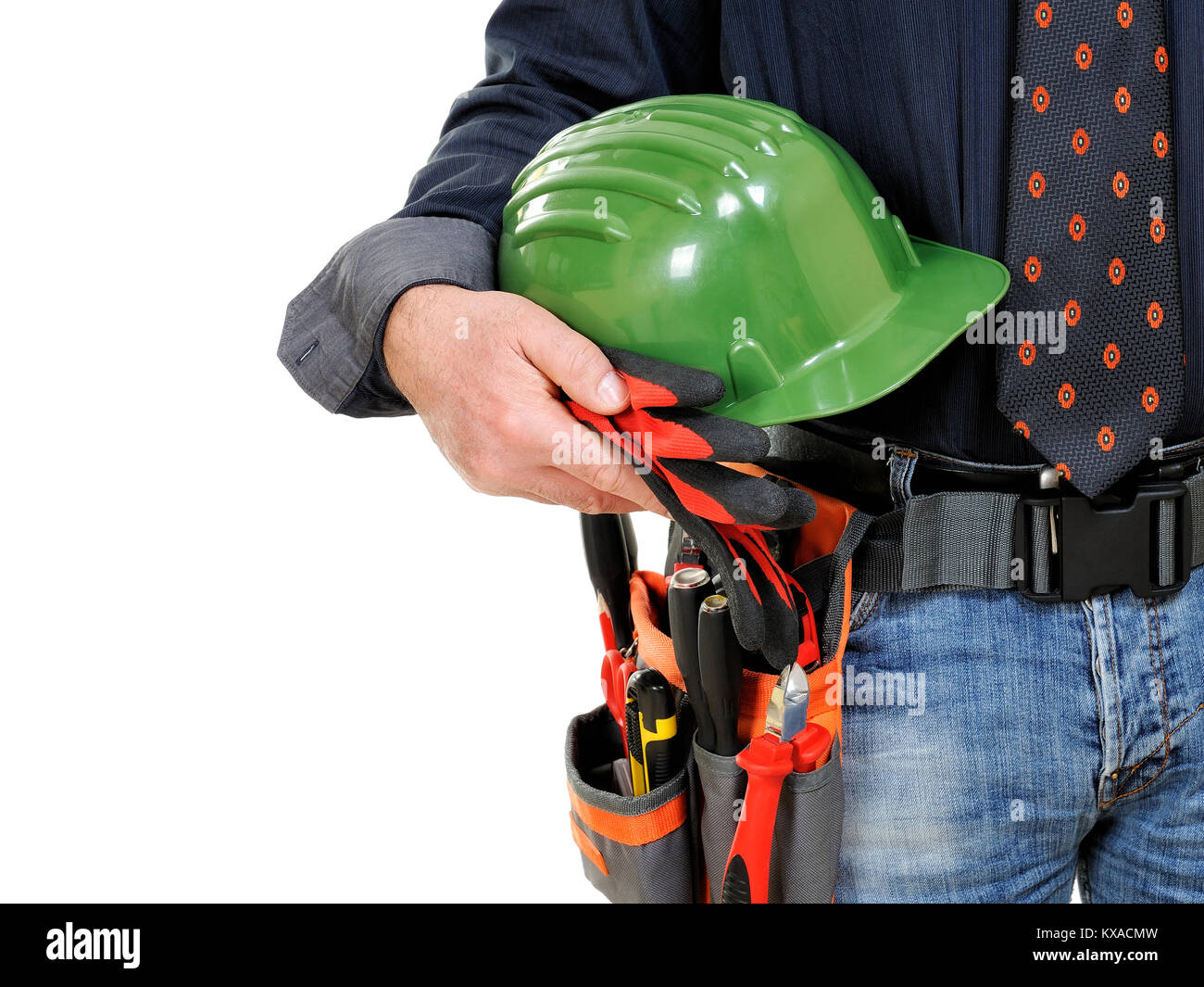 Elegant electrician technician with helmet and protective gloves in his ...
