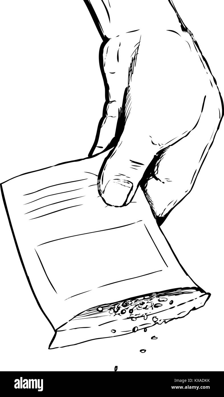 Outlined drawing of hand holding packet with seeds falling out over ...