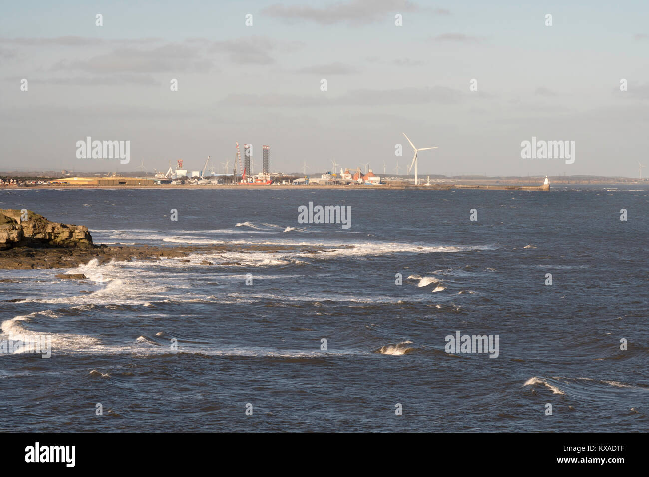 A Wind Turbine Installation Vessel in Blyth harbour looking north from ...