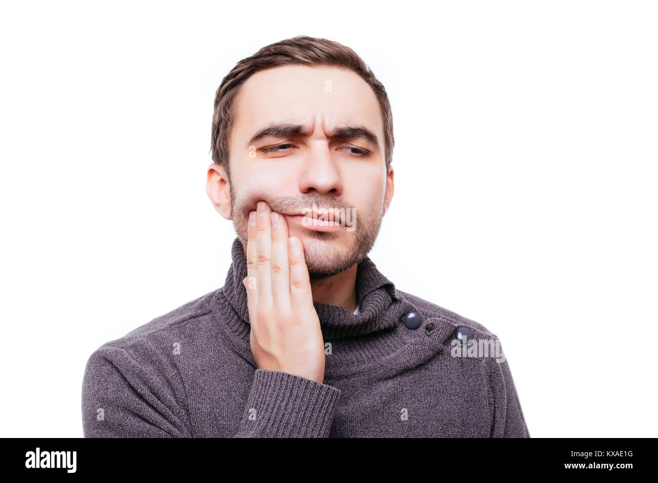 Closeup portrait of young man with tooth ache crown problem about to ...