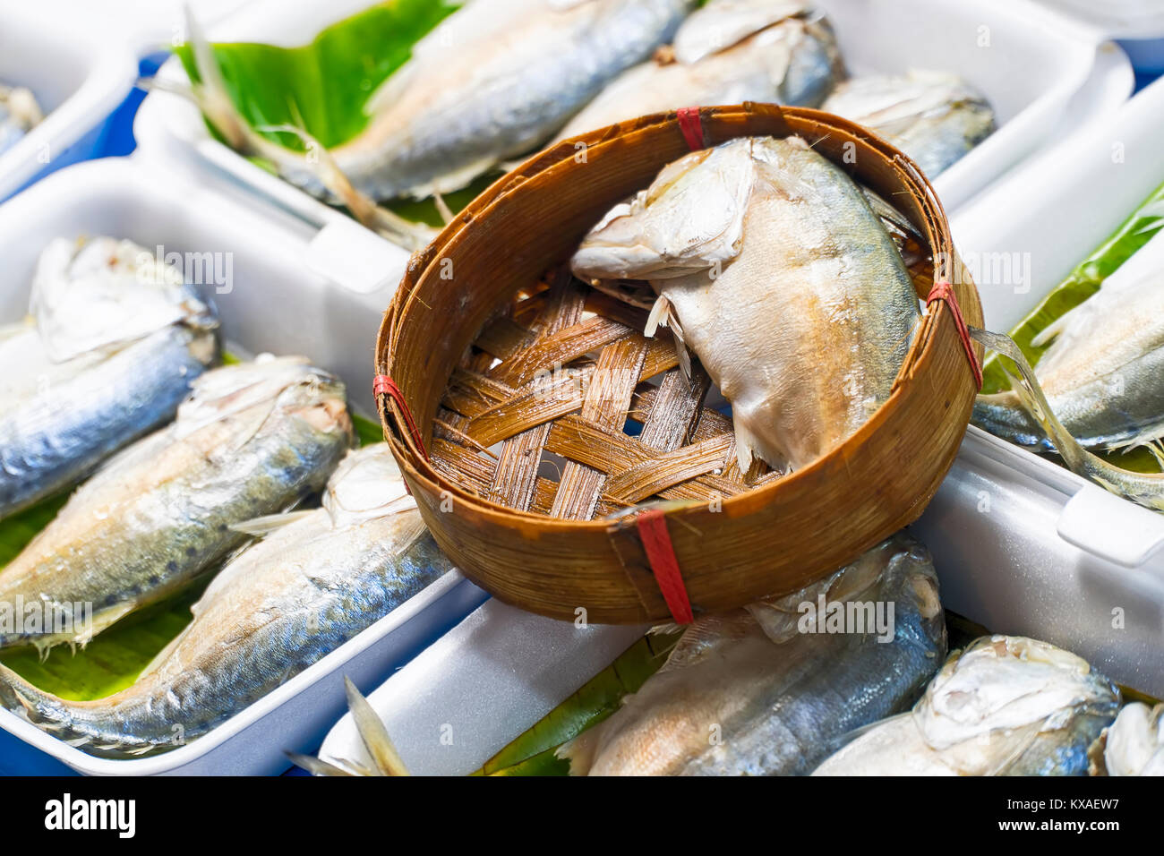 Mackerel fish in bamboo basket at market,Thailand Stock Photo - Alamy
