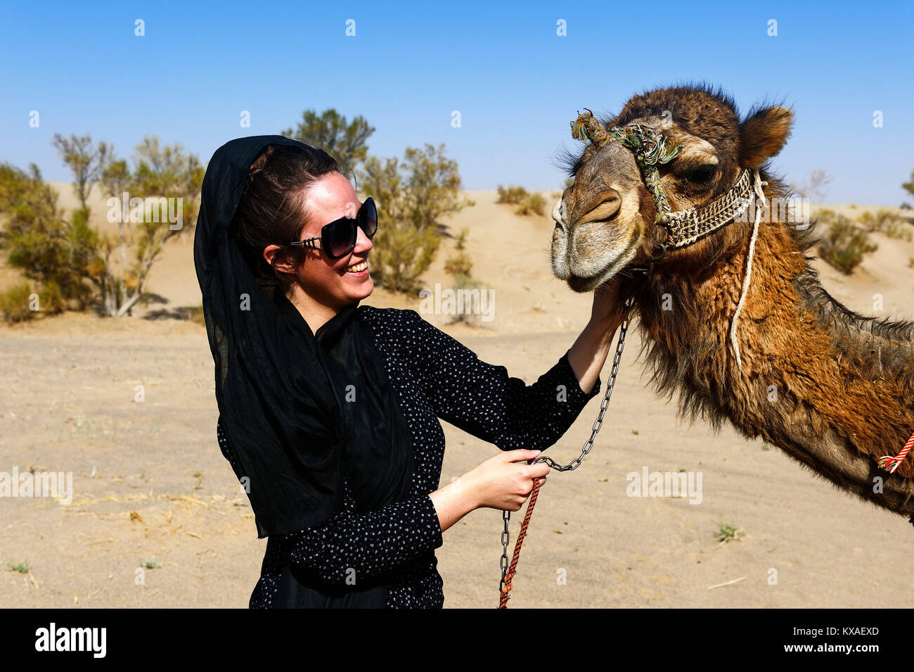 Tourist with camel on camel tour,desert Wadi Rum,near Matinabad,Iran ...