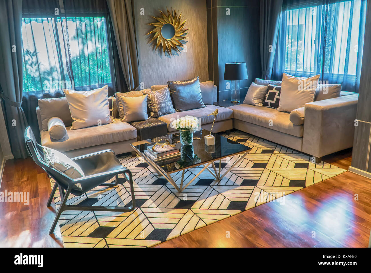 modern living room design with sofa and wooden lamp Stock Photo - Alamy