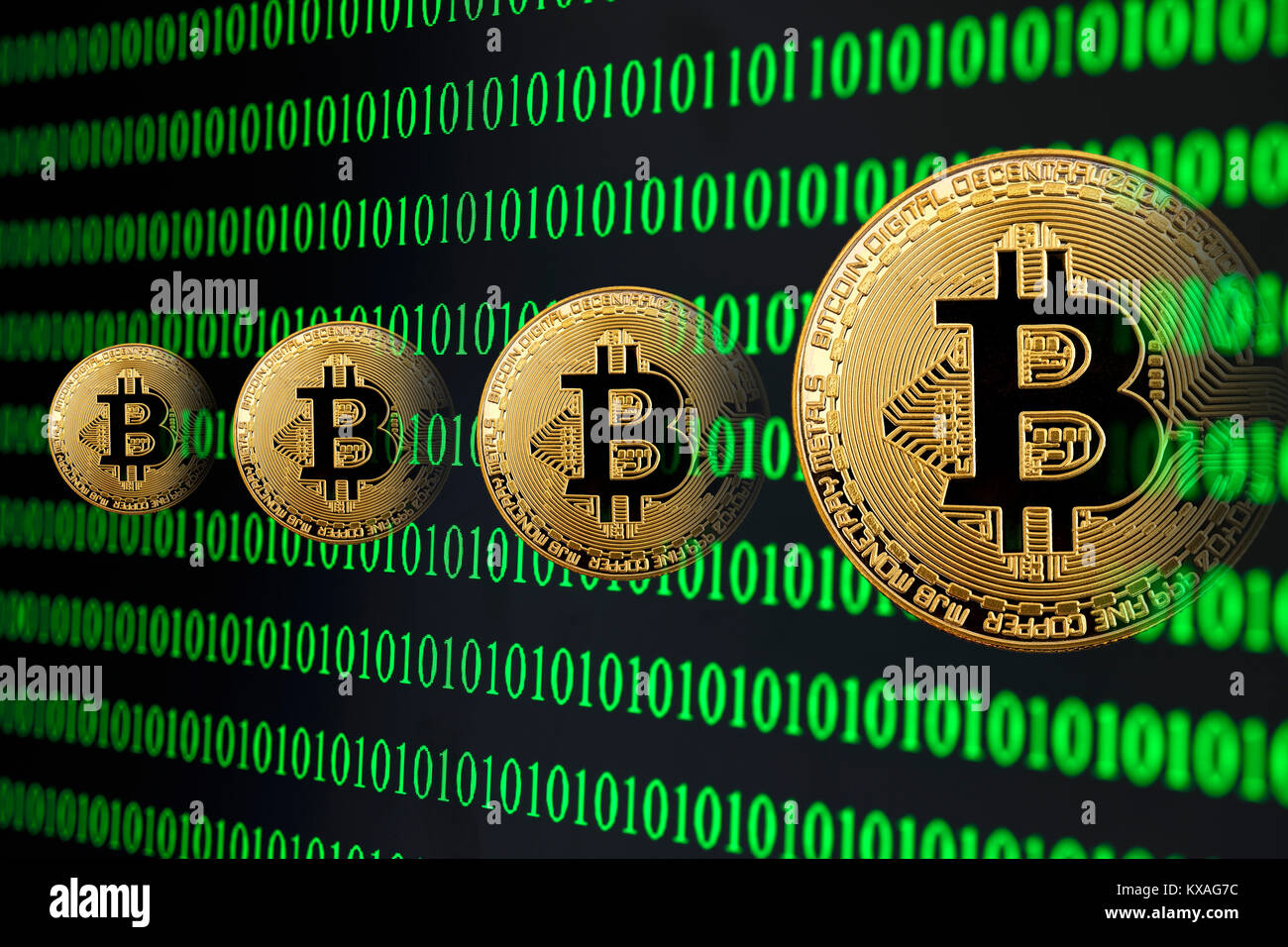 Symbol image Digital currency,gold physical coin Bitcoin in digital binary code Stock Photo - Alamy