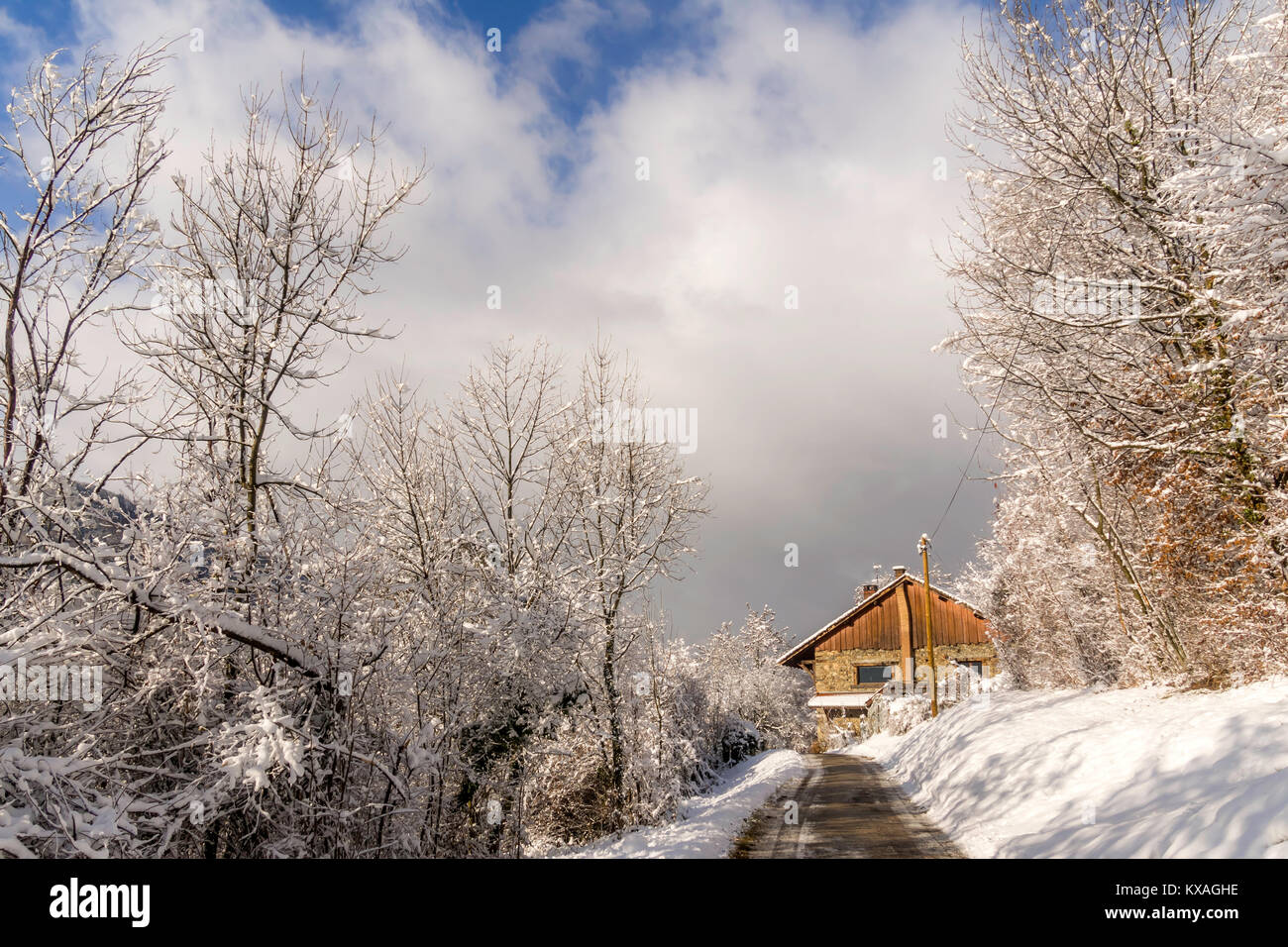Farm barn in a cold winter landscape with snow and frost Stock Photo ...