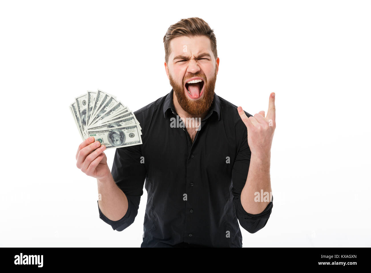 Happy screaming bearded business man in shirt holding money and showing ...