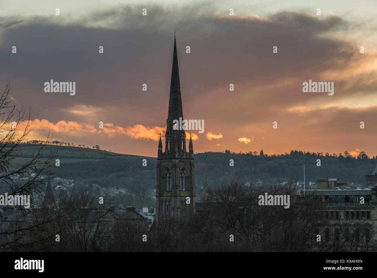 St Matthews church spire and skyline of Perth city centre, Scotland, UK ...