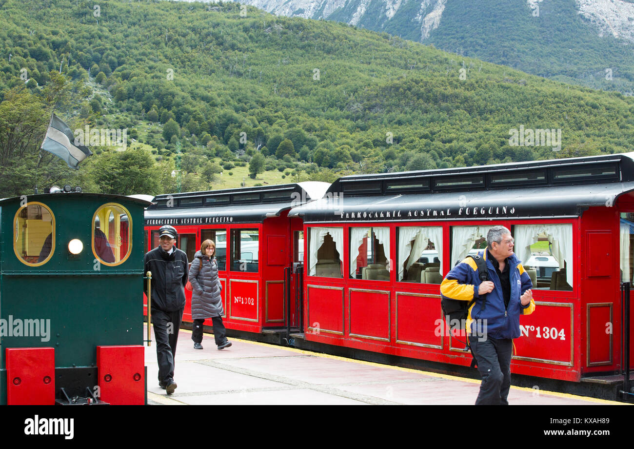 People at platform of Southern Fuegian Railway near town of Ushuaia ...