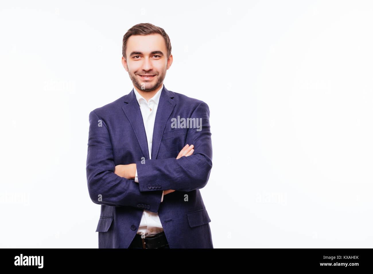 Half-length portrait of business man with crossed hands, isolated on ...