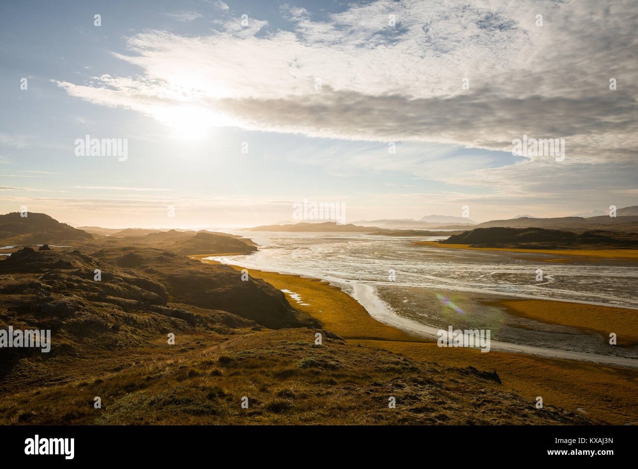 Broad river valley, mountains, West Greenland, Greenland Stock Photo ...