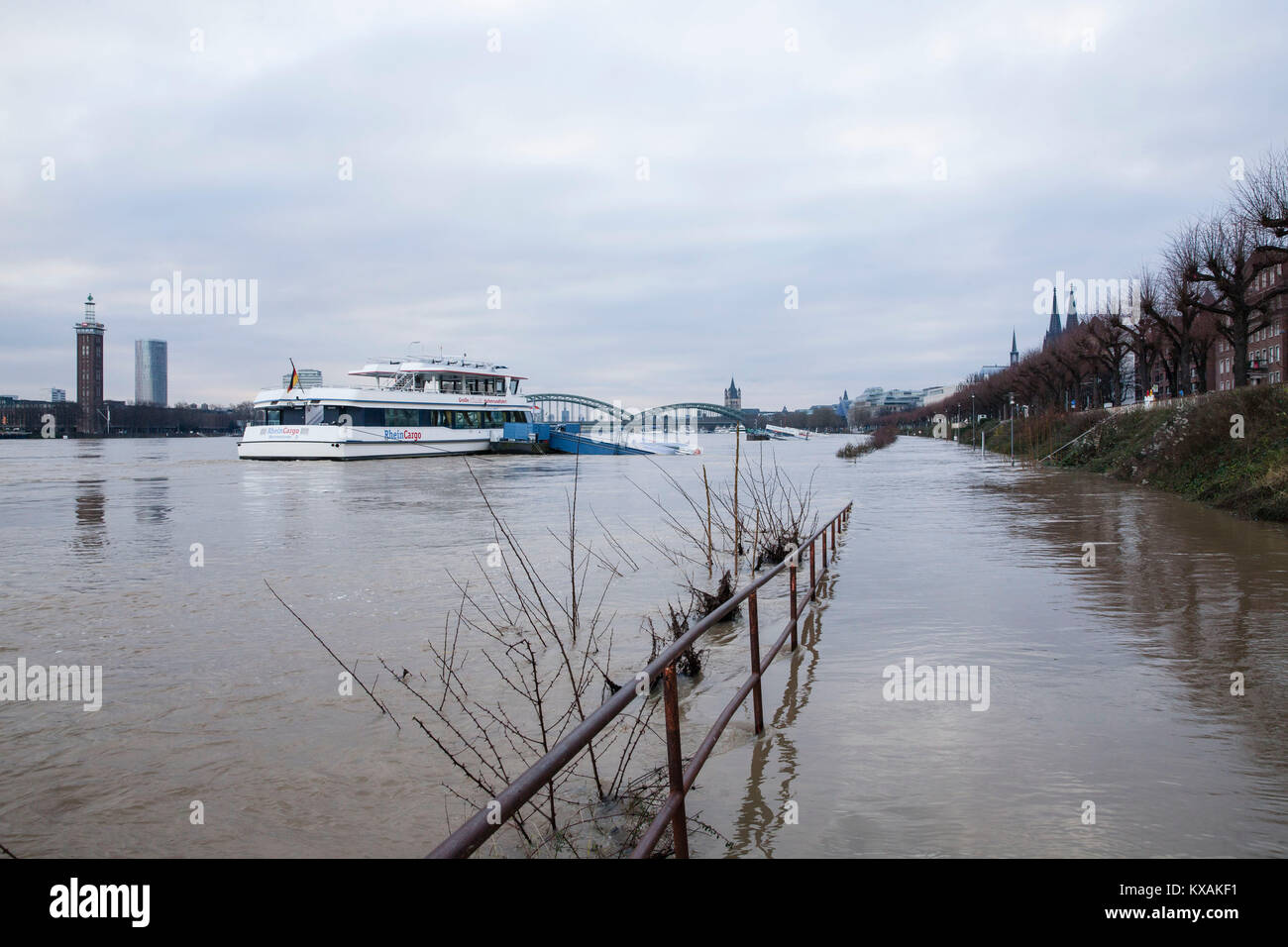Cologne, Germany. 8th Jan, 2018. Flood of the river Rhine, cathedral ...