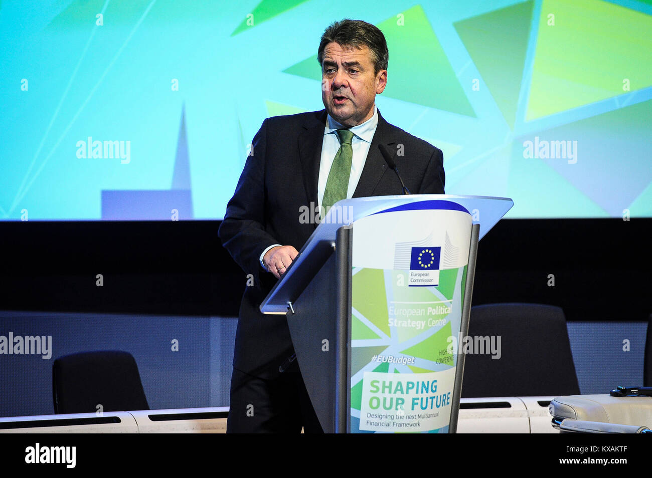 Brussels, Bxl, Belgium. 8th Jan, 2018. German Foreign Minister Sigmar Gabriel speaks during ...