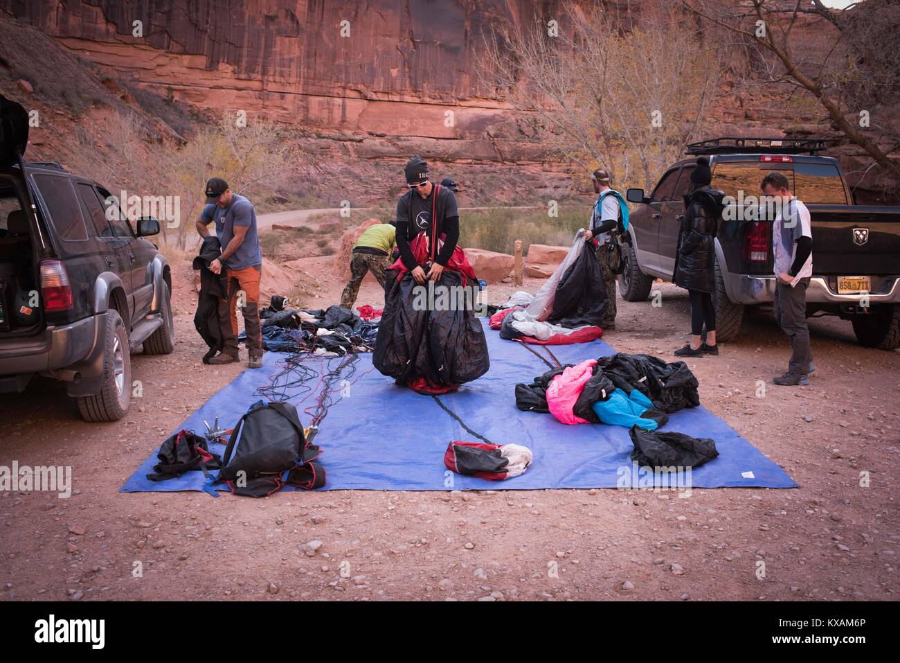 December 4, 2017 - Moab, Utah, U.S - BASE jumpers pack their chutes for ...