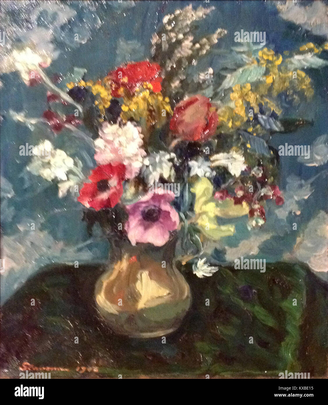 This artwork depicts a summer bouquet in a round vase, created by Maria ...