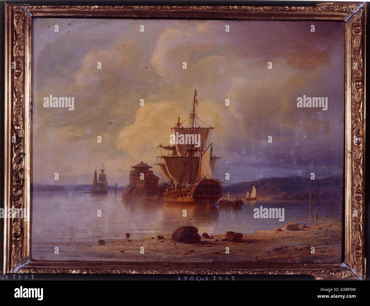 This image depicts a marine motif, focusing on an East Indiaman ship at ...