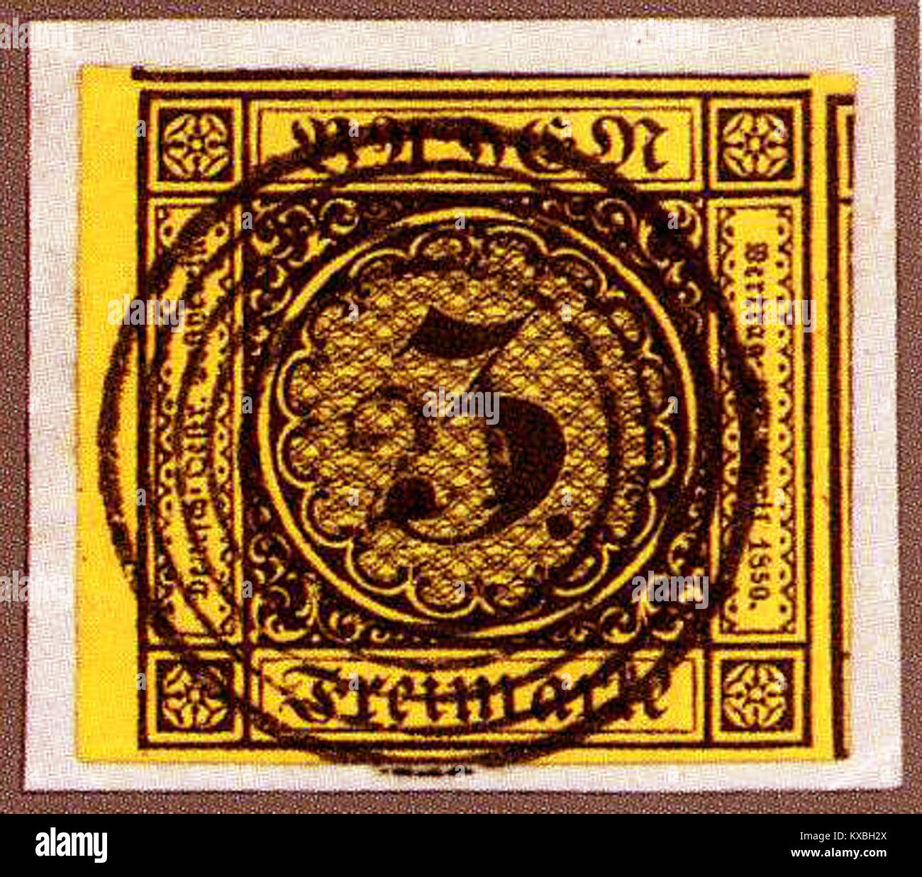 A rare 1851 postage stamp from Baden, Germany, featuring a 3 kreuzer denomination in a yellow ...