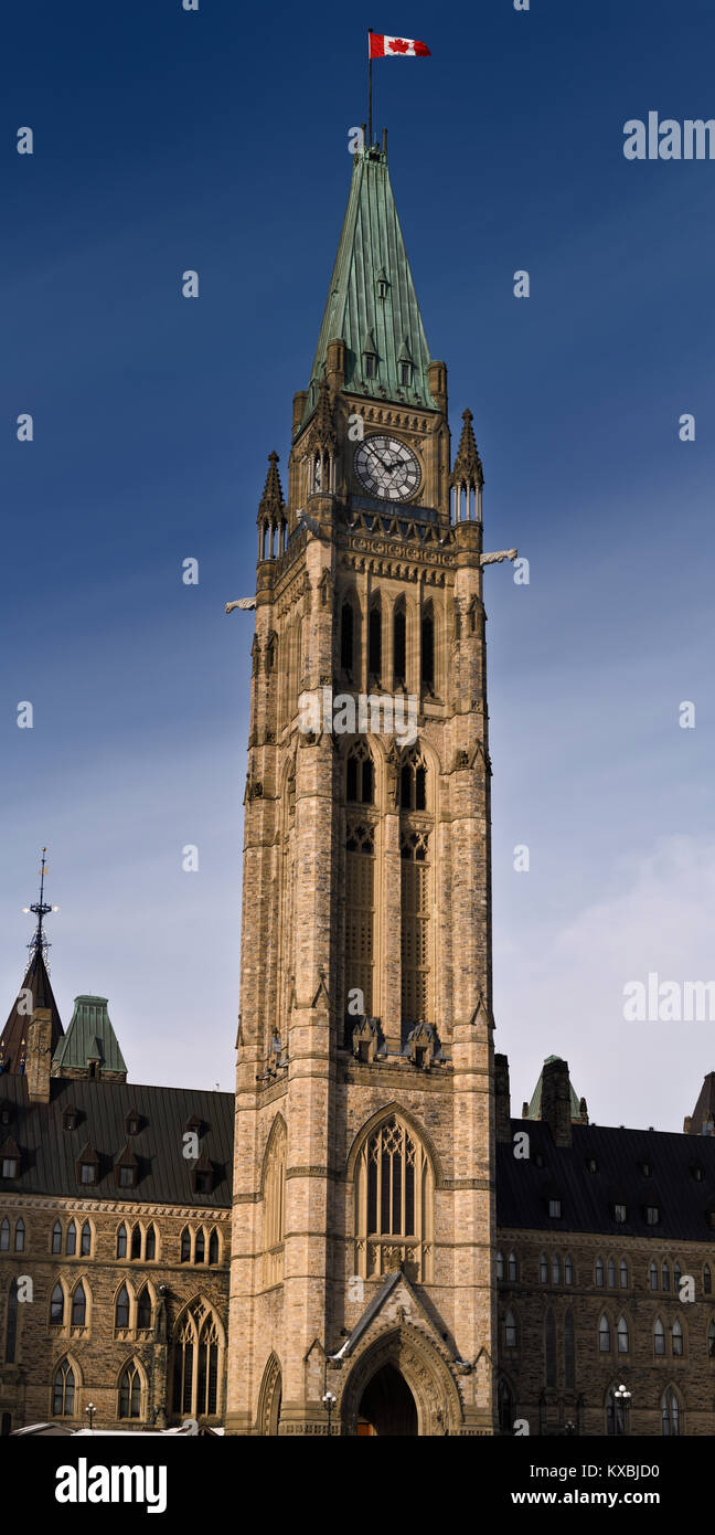 Peace tower of the Canadian Parliament Buildings with Centre Block ...