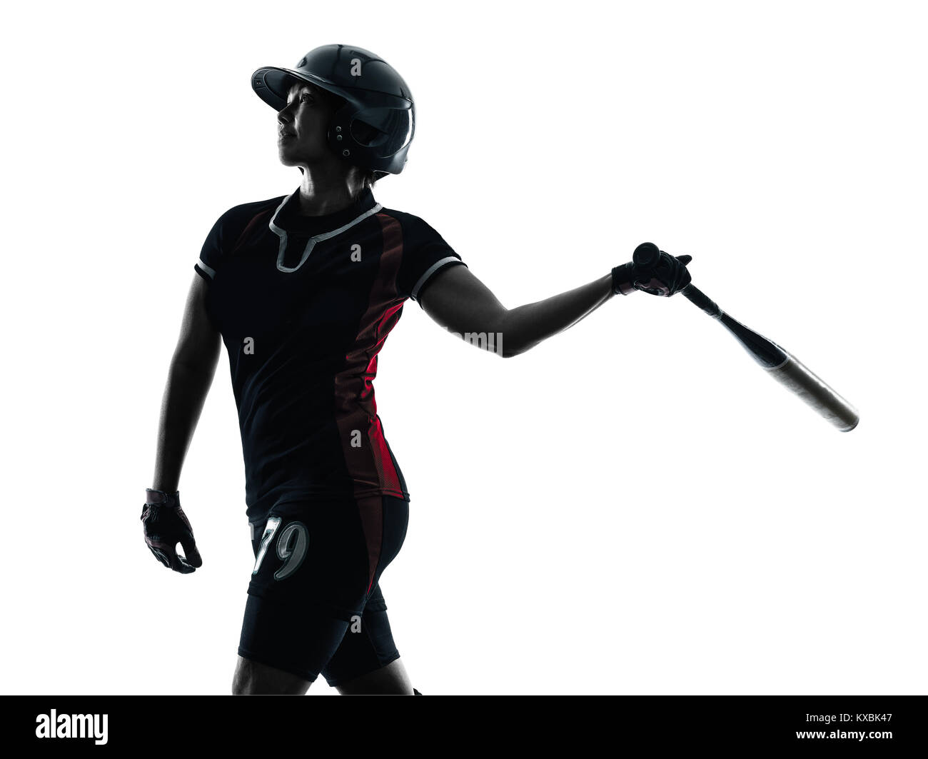one woman playing softball players in silhouette isolated on white ...