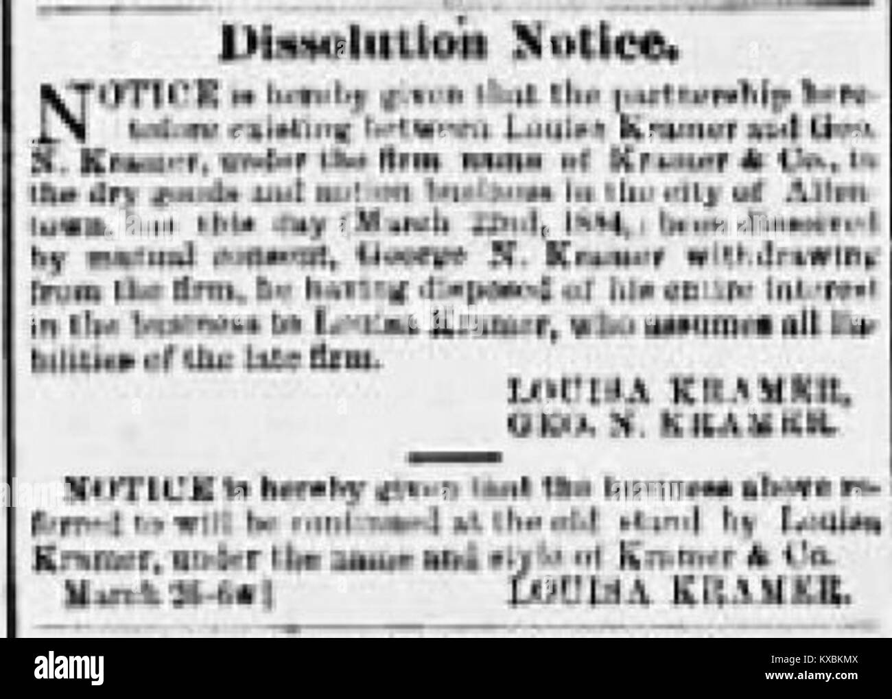 A historical document from 1884 announcing the dissolution of Kramer ...