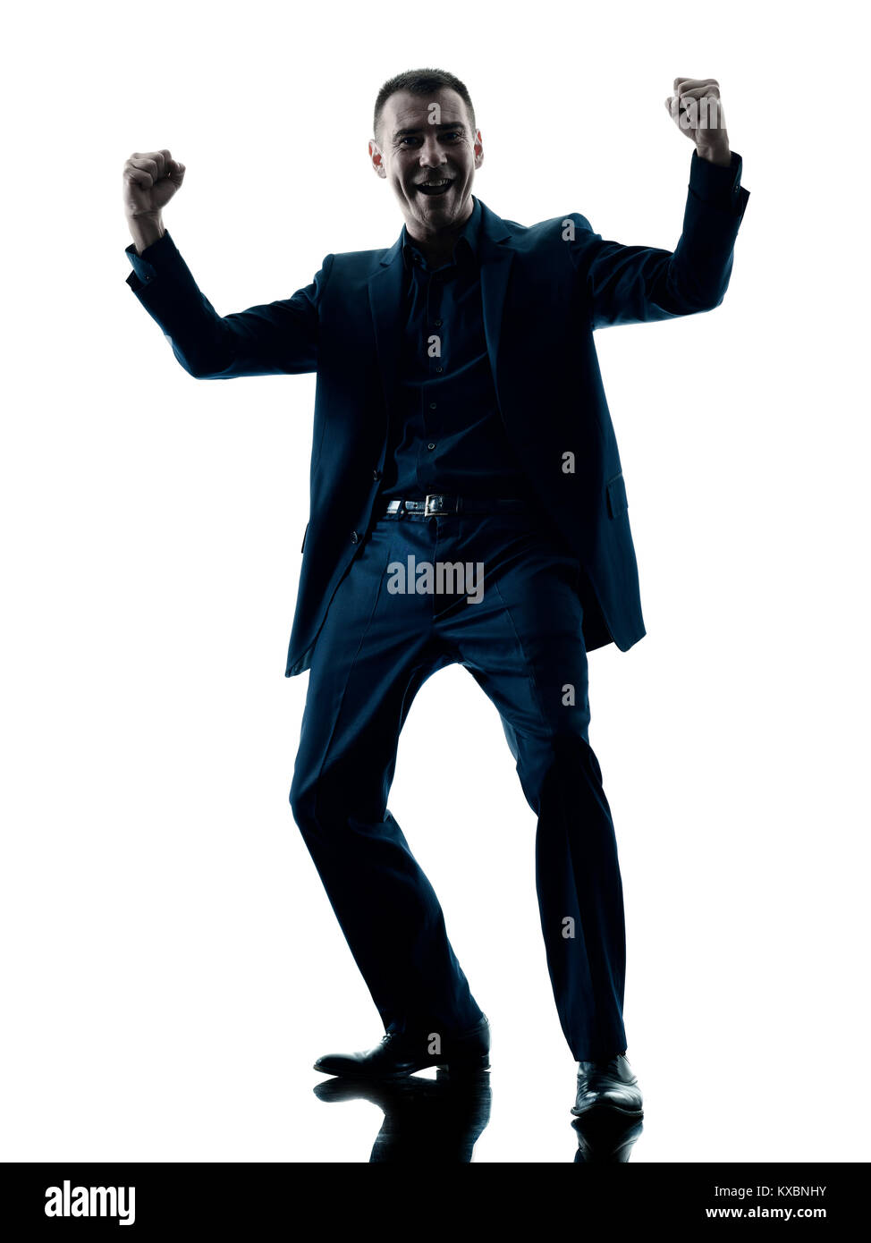 one caucasian business man happy celebrating silhouette isolated on ...