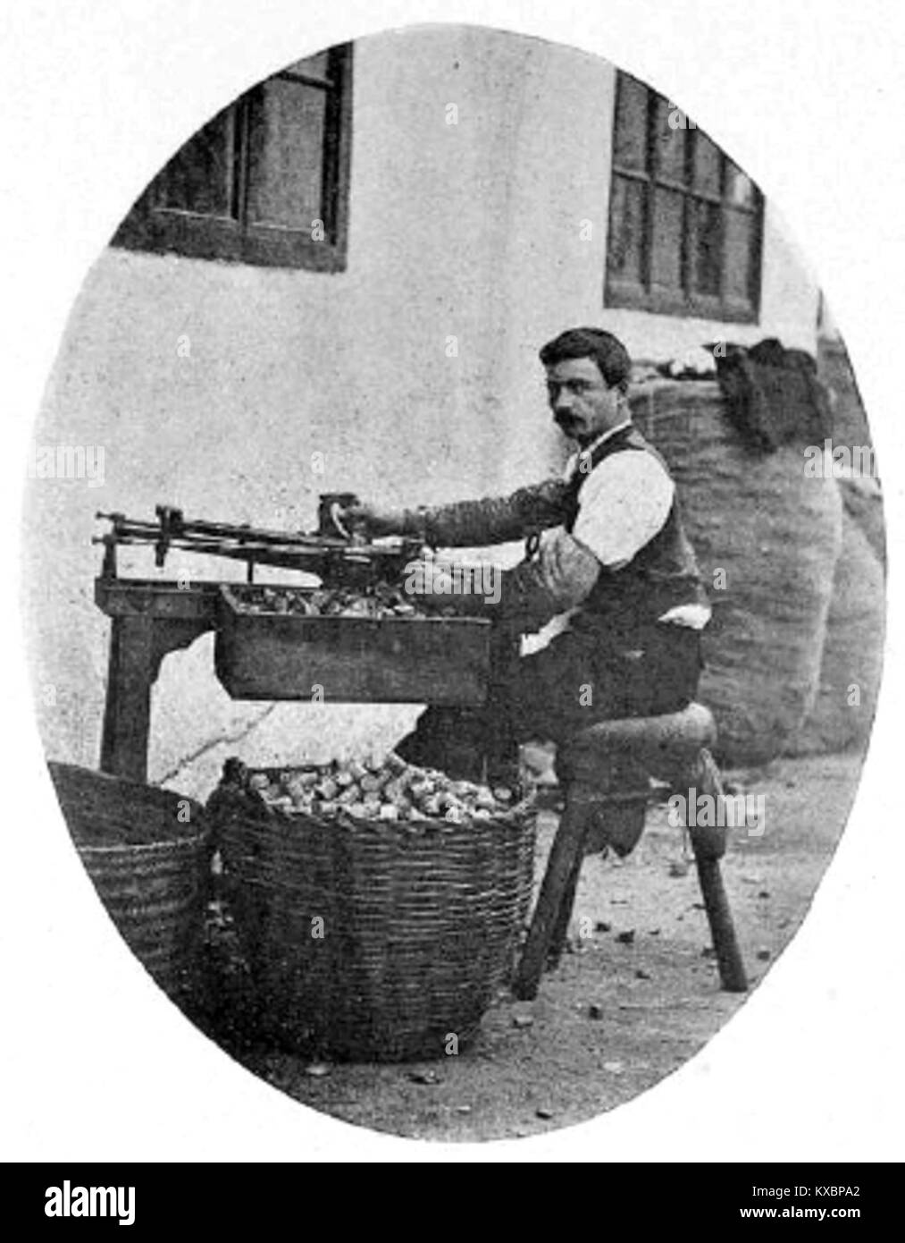 The image depicts a cork production process from 1895, focusing on the ...