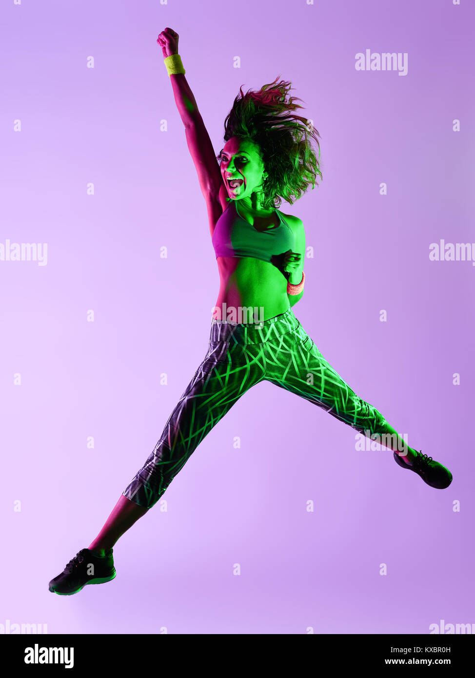 one caucasian woman zumba dancer dancing fitness exercises isolated on ...