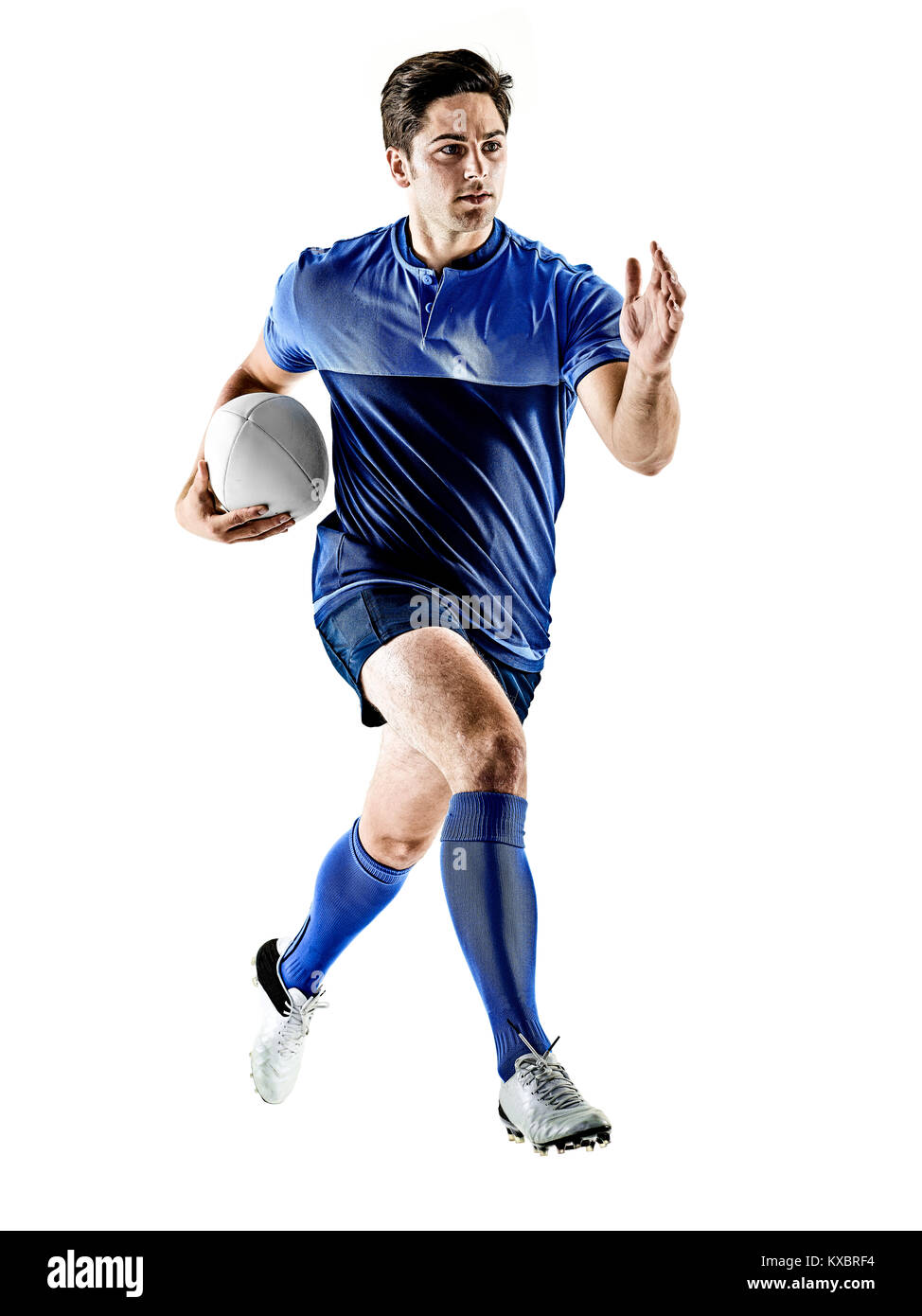 one caucasian rugby player man studio isolated on white background ...