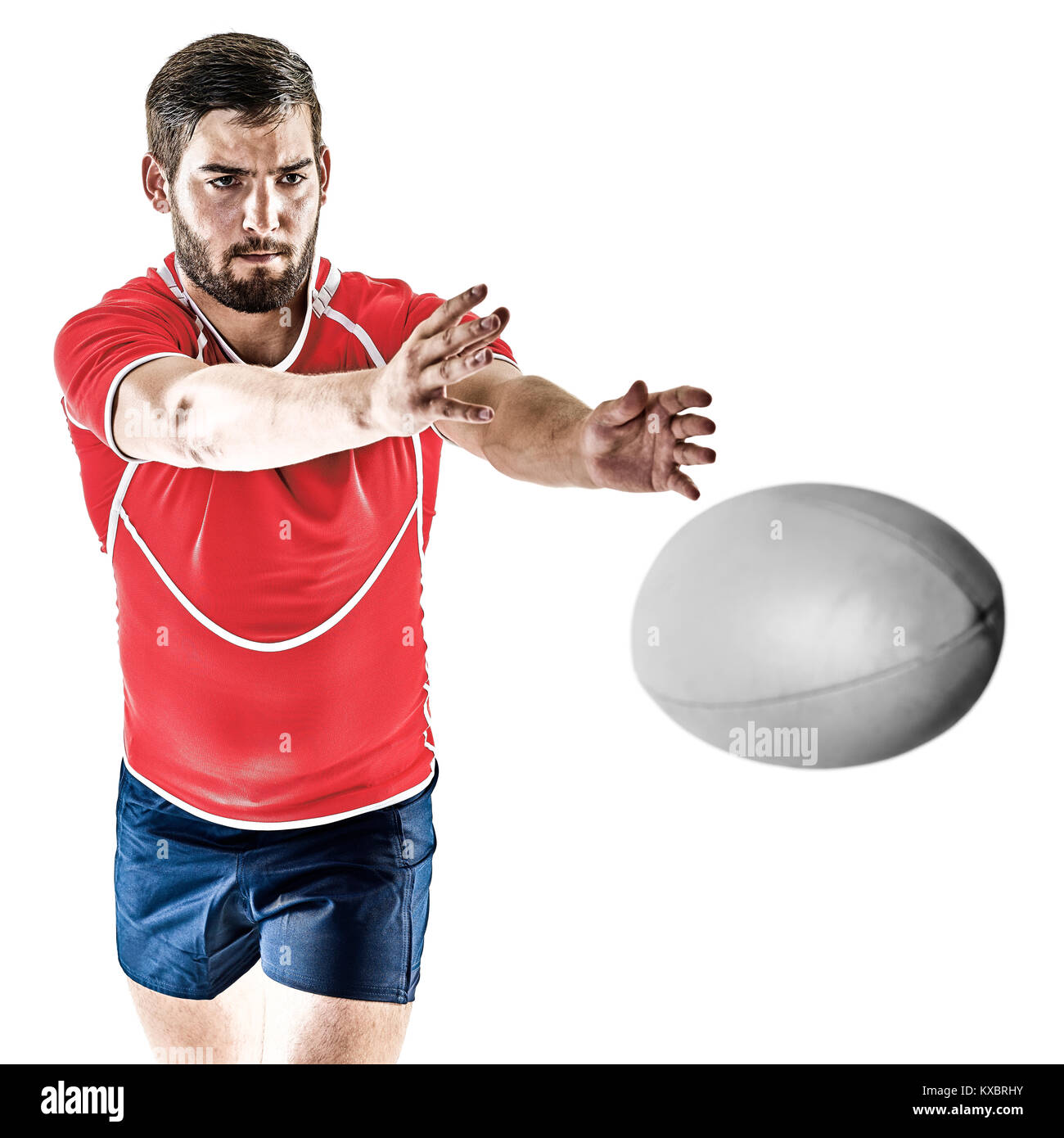 one caucasian rugby player man studio isolated on white background ...