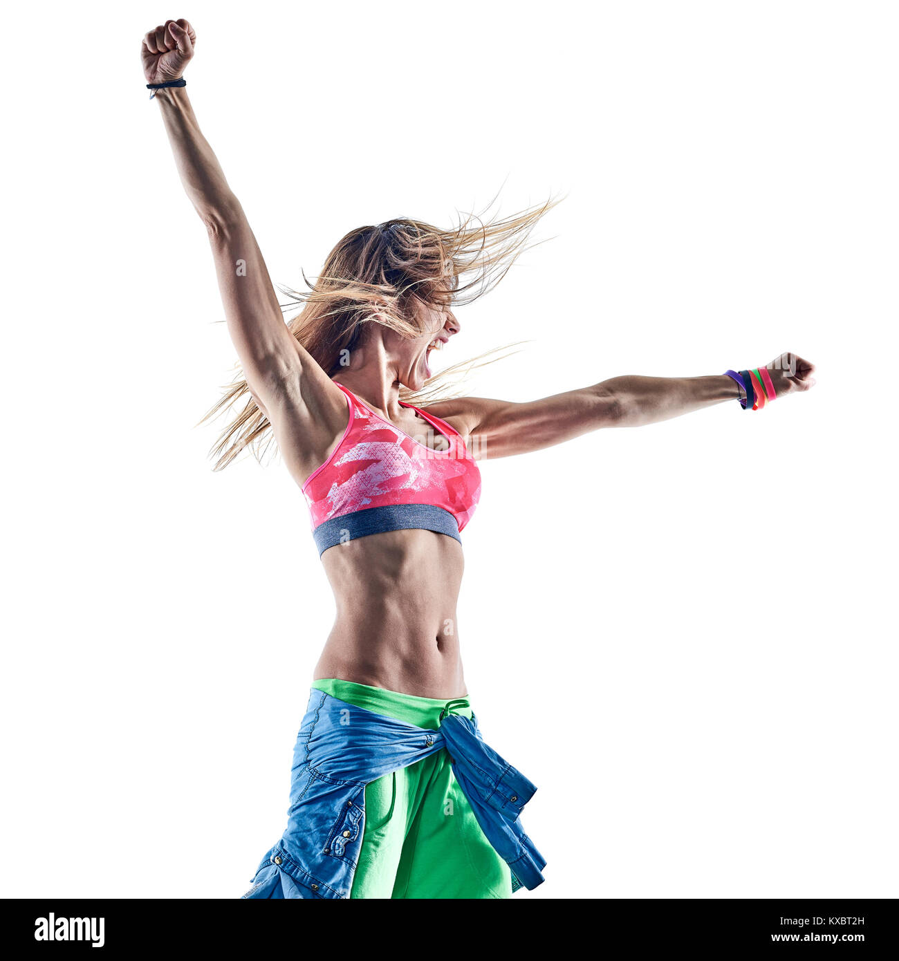 one caucasian woman zumba dancers dancing fitness exercising exercises ...