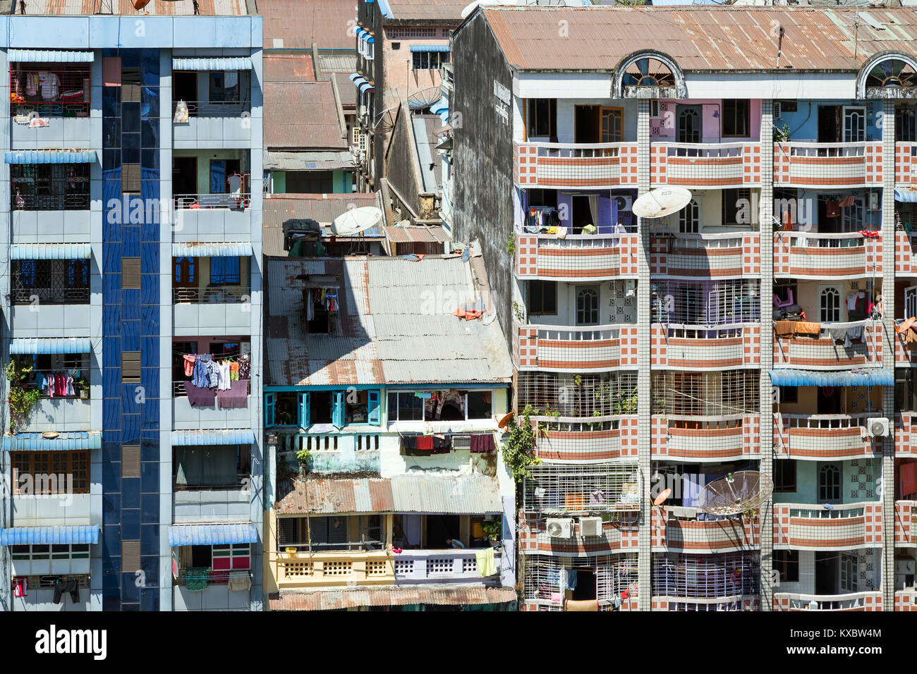Apartment buildings at the downtown in Yangon (Rangoon), Myanmar (Burma ...