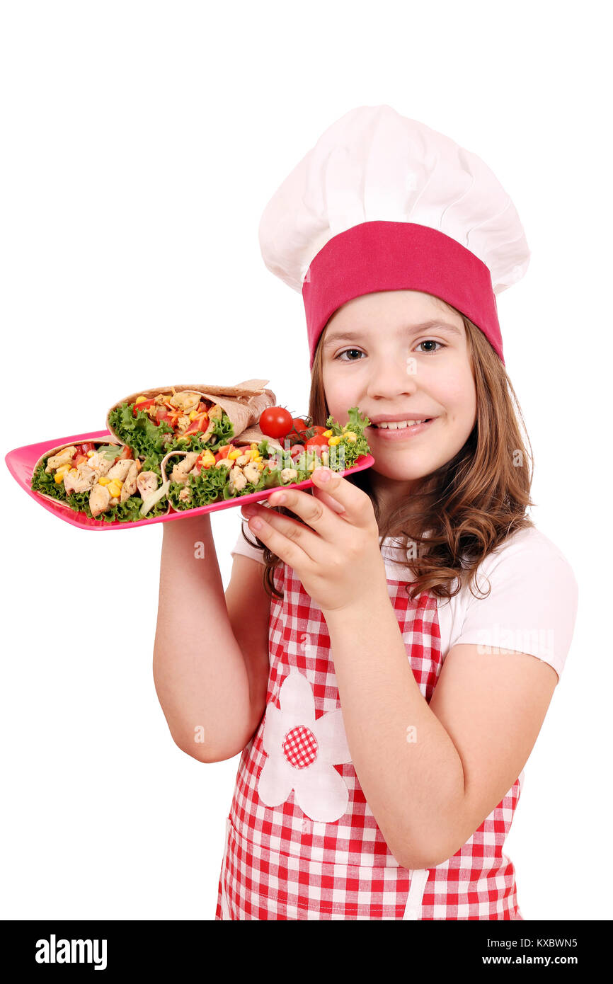 happy little girl cook with burritos Stock Photo - Alamy