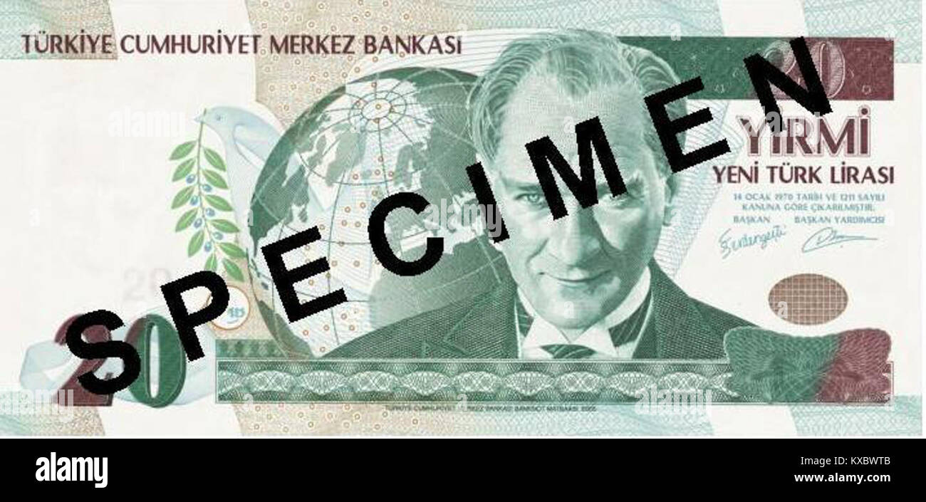 A depiction of a 20 YTL banknote, part of the Turkish Lira currency ...