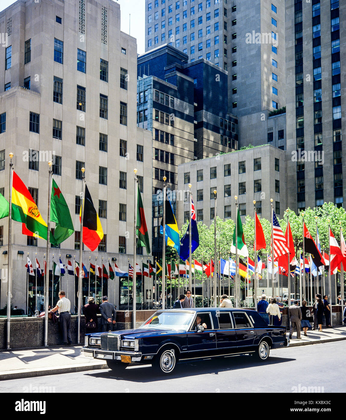 New York 1980s, Rockefeller Center Plaza, parked limousine, flags from ...