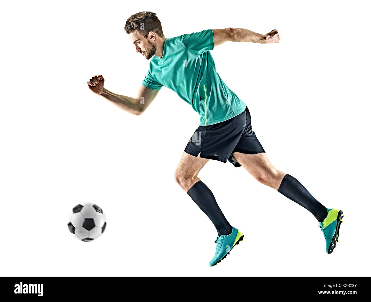 one caucasian soccer player man running isolated on white background ...