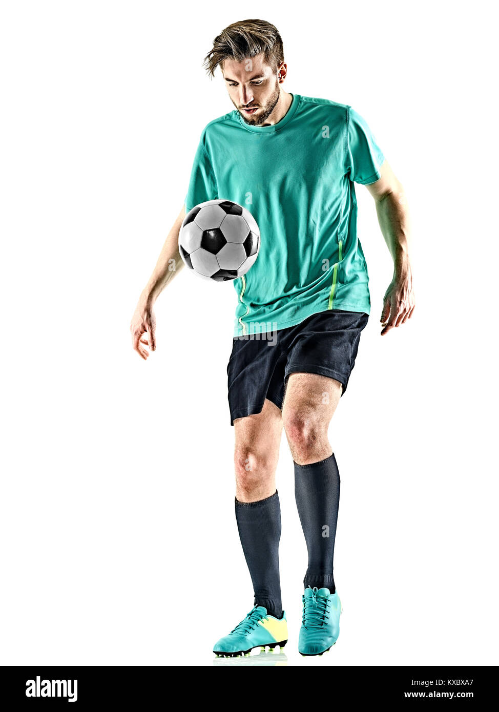 one caucasian soccer player man jungling isolated on white background ...