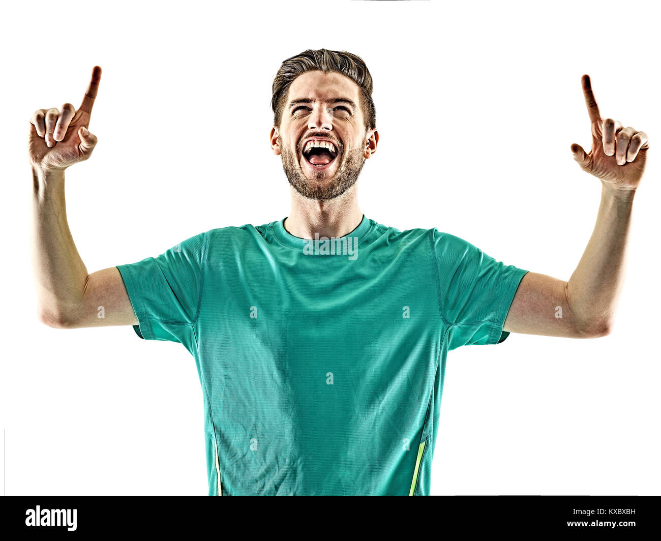 one caucasian soccer player man happy celebration isolated on white ...