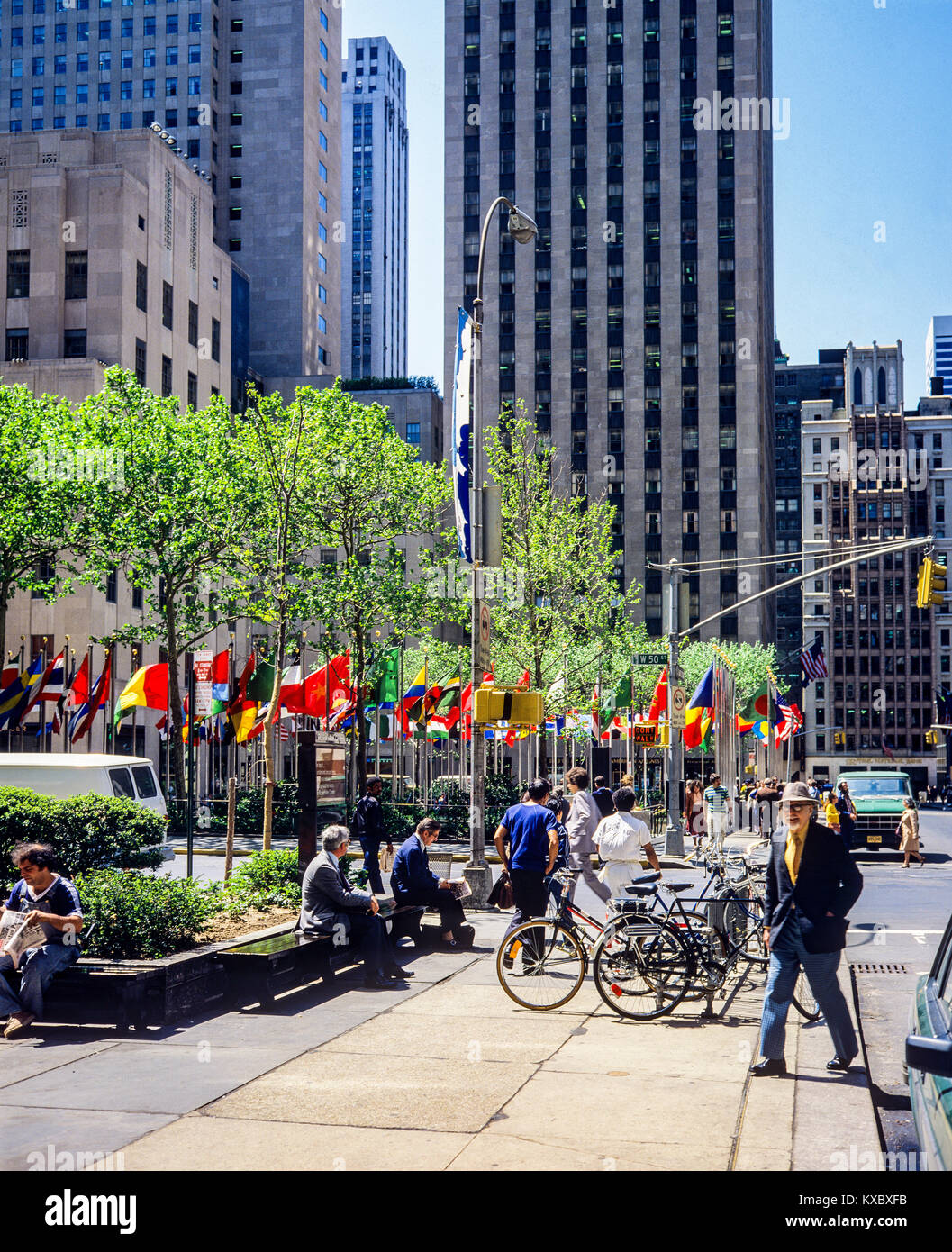 New York 1980s, Rockefeller Center Plaza, people strolling, flags from ...