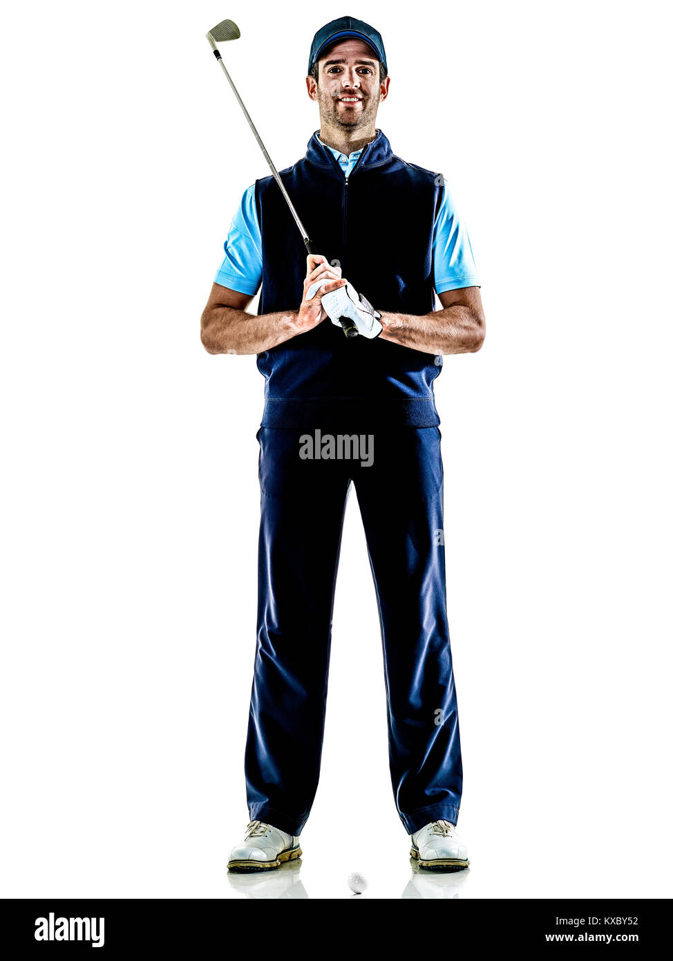 one caucasian man golfer golfing in studio isolated on white background ...