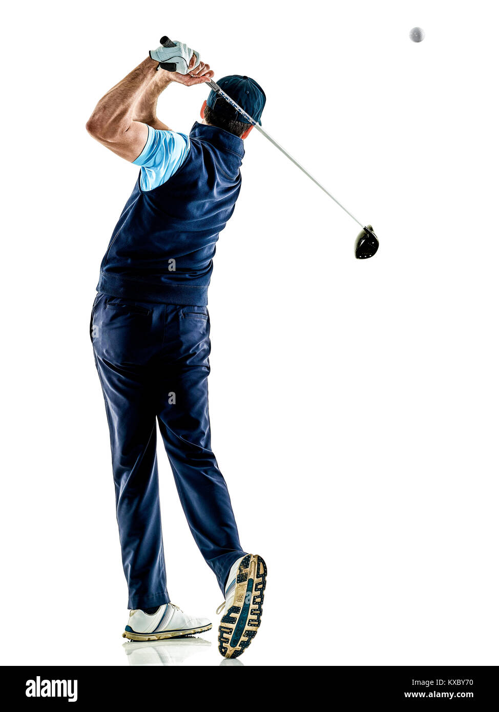 one caucasian man golfer golfing in studio isolated on white background ...