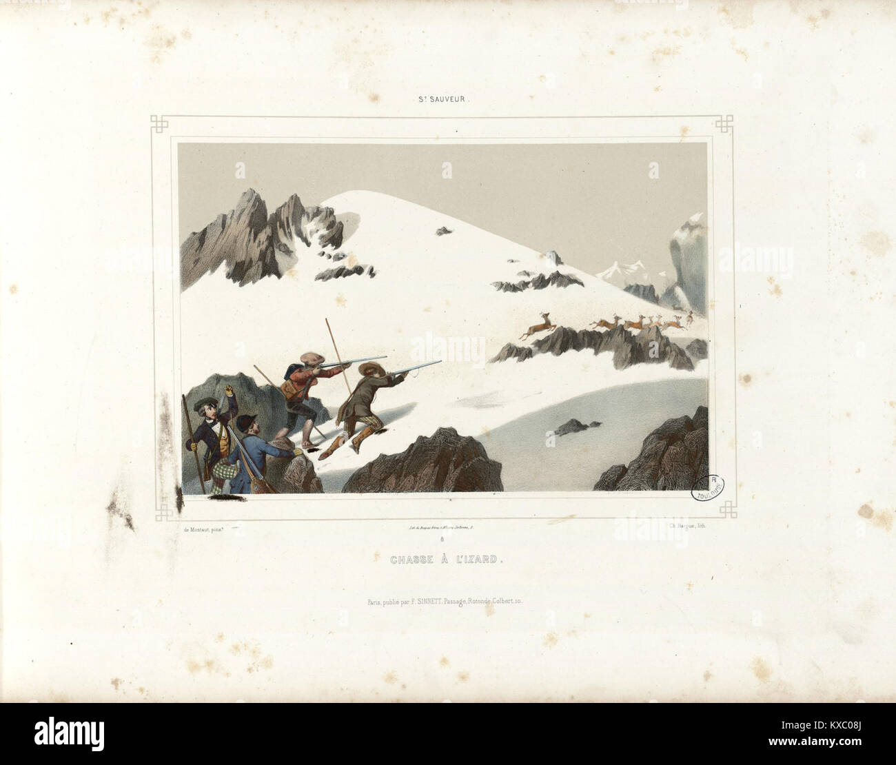This image depicts a hunting scene at St. Sauveur, featuring an isard ...