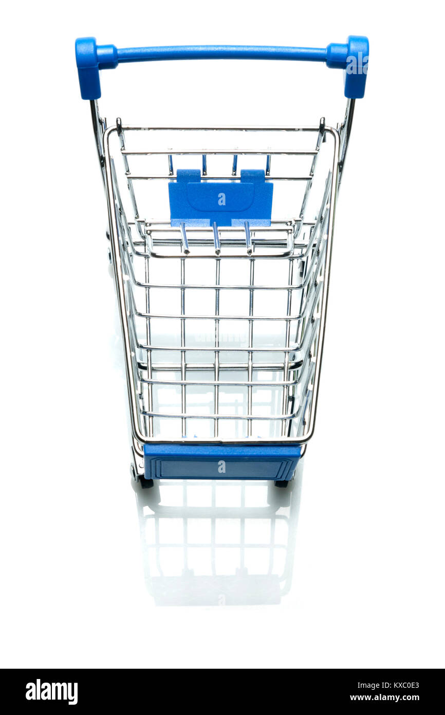 Shopping cart with blue details isolated on white background with copy ...