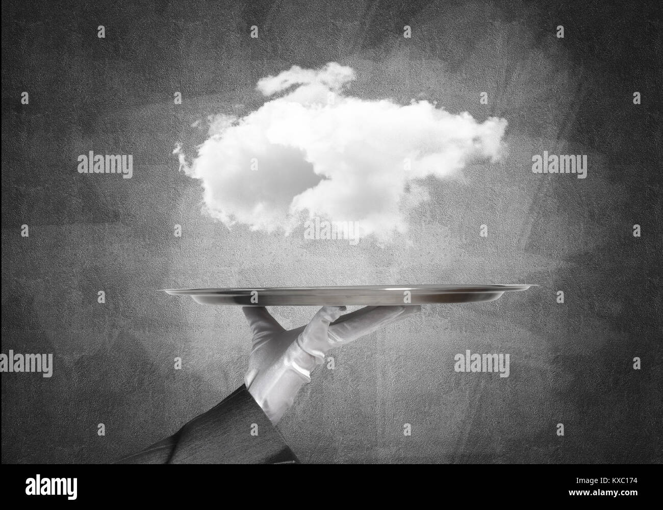 Hand of waitress presenting cloud on tray Stock Photo - Alamy