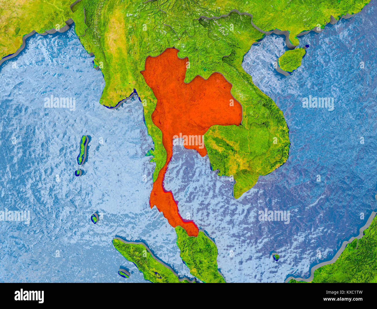 Thailand in red on realistic map with embossed countries. 3D ...