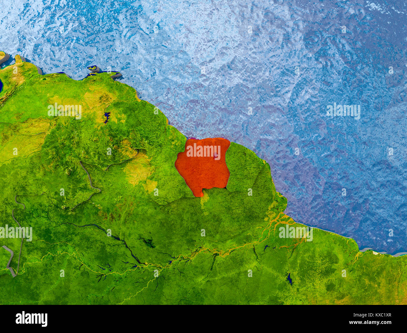 Suriname in red on realistic map with embossed countries. 3D ...